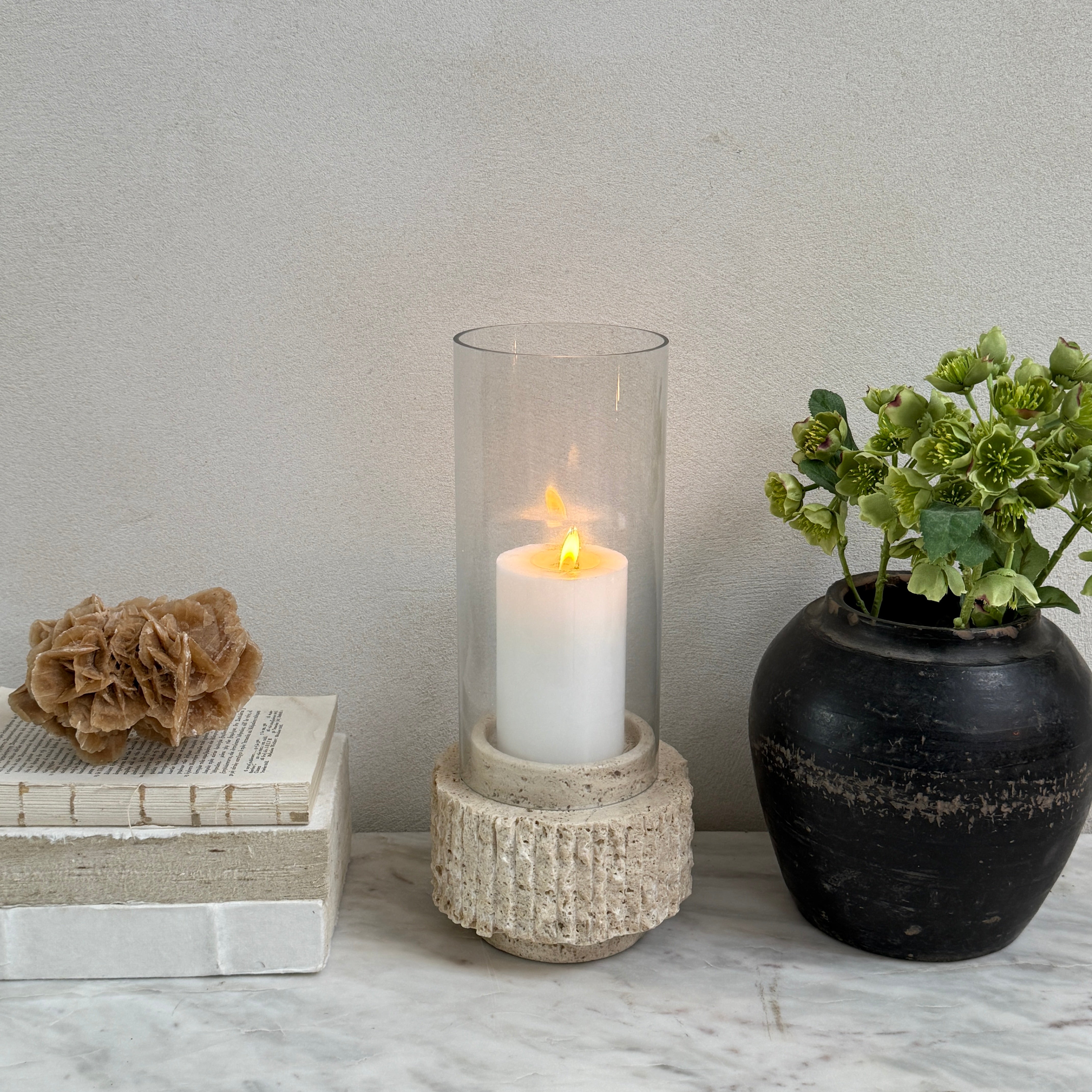 Travertine marble hurricane lantern – Home Barn