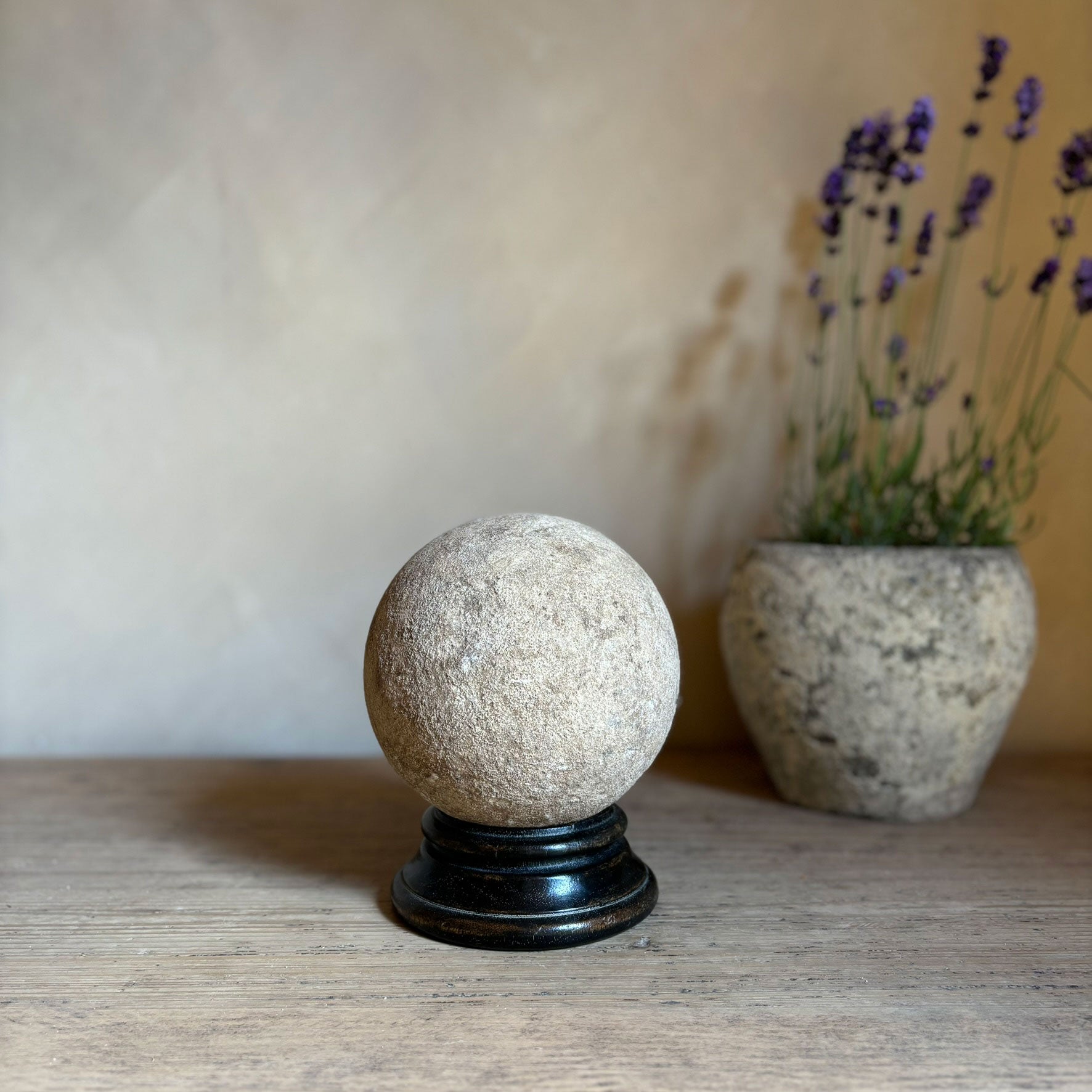 Wooden stand for aged stone sphere – Home Barn